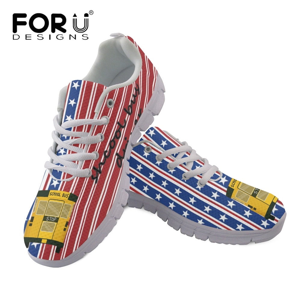 School Bus Driver Pattern Woman American Flag Print Woman Flats Lace Up ...