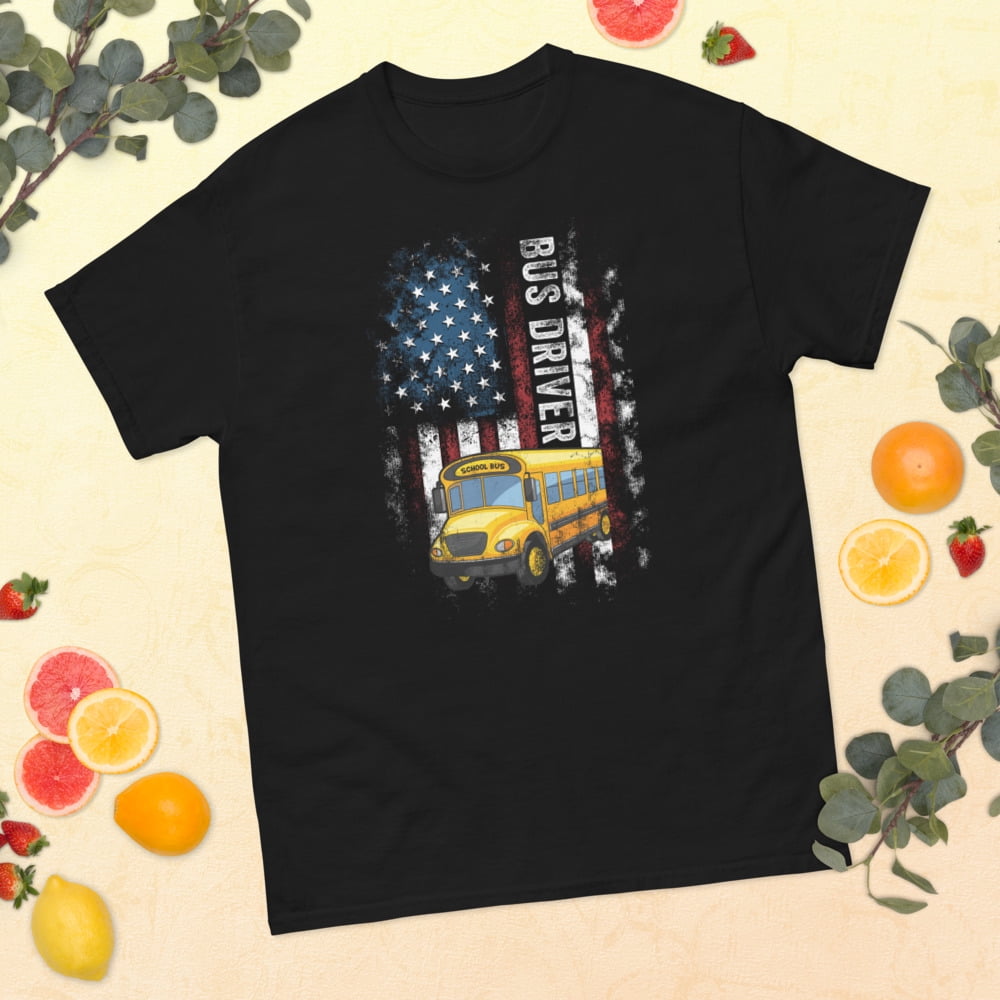 School Bus Driver USA Flag Retired Drivers Driving classic tee (Black ...