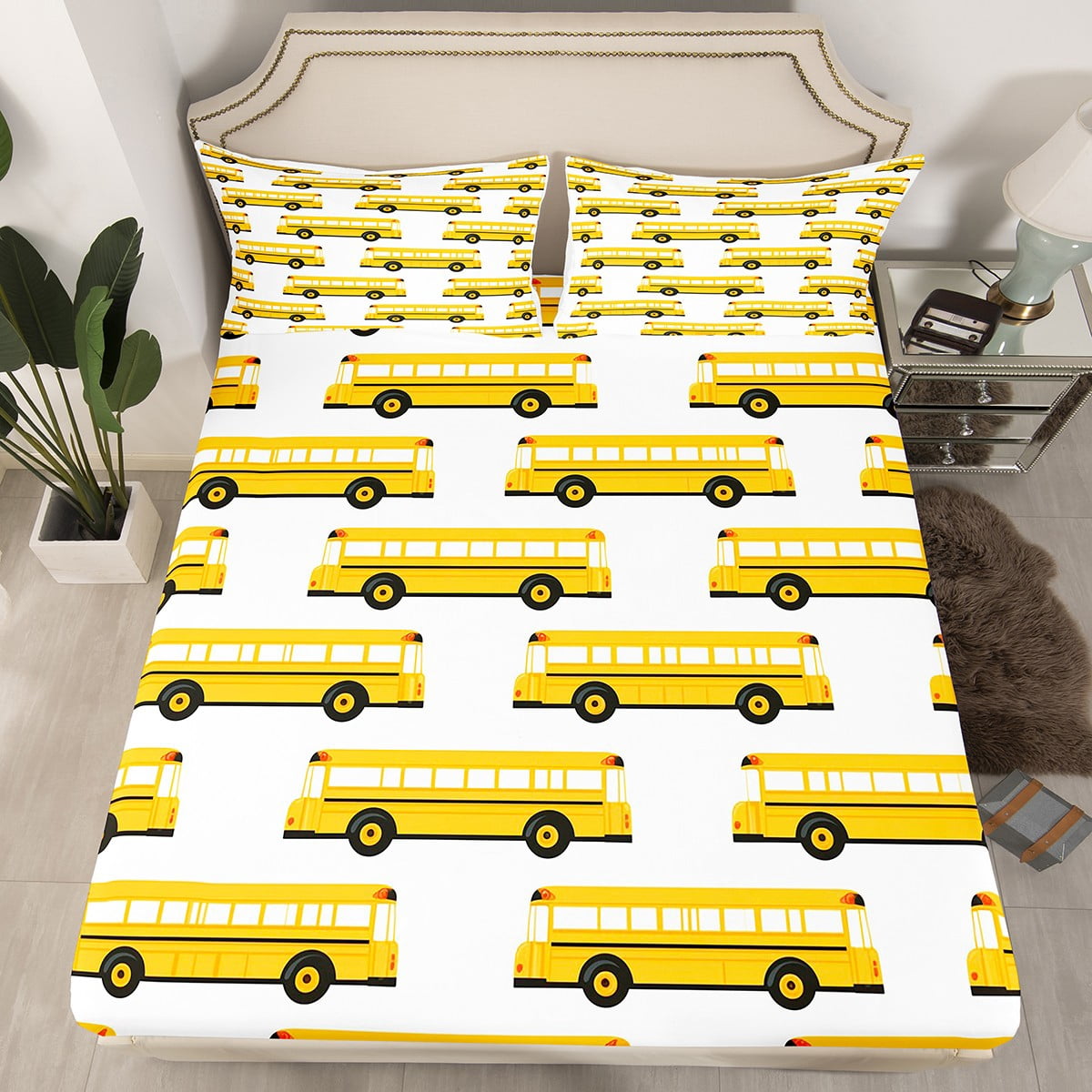School Bus Fitted Sheet Full Size Educational Themed Bed Sheets Yellow ...