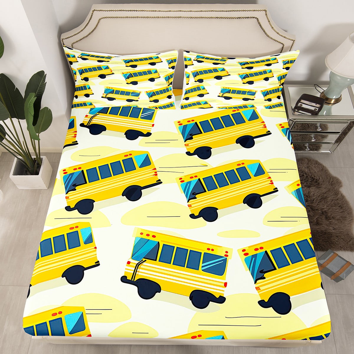 School Bus Fitted Sheet Full Size Geometry Stripes Bed Sheets Cartoon ...