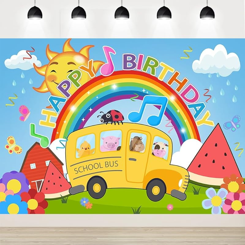 School Bus Happy Birthday Backdrop Cartoon Rainbow Birthday Backdrops ...