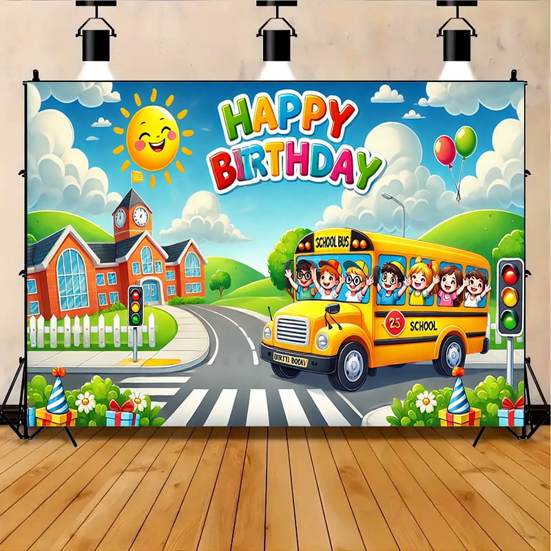 School Bus Happy Birthday Backdrop Cheerful School Bus First Day of ...