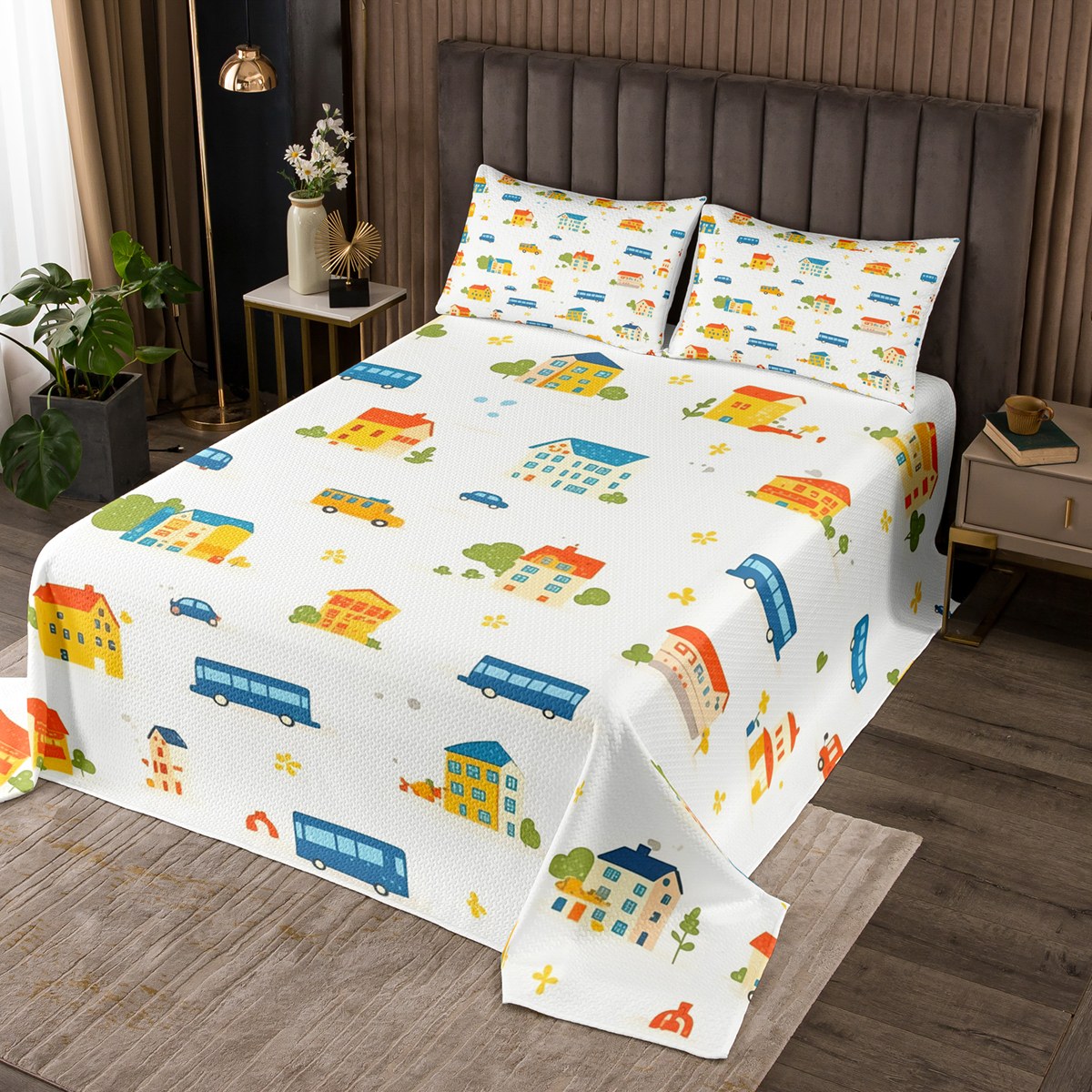School Bus Kids Bedspread King Size,Public Transportation Truck Car ...