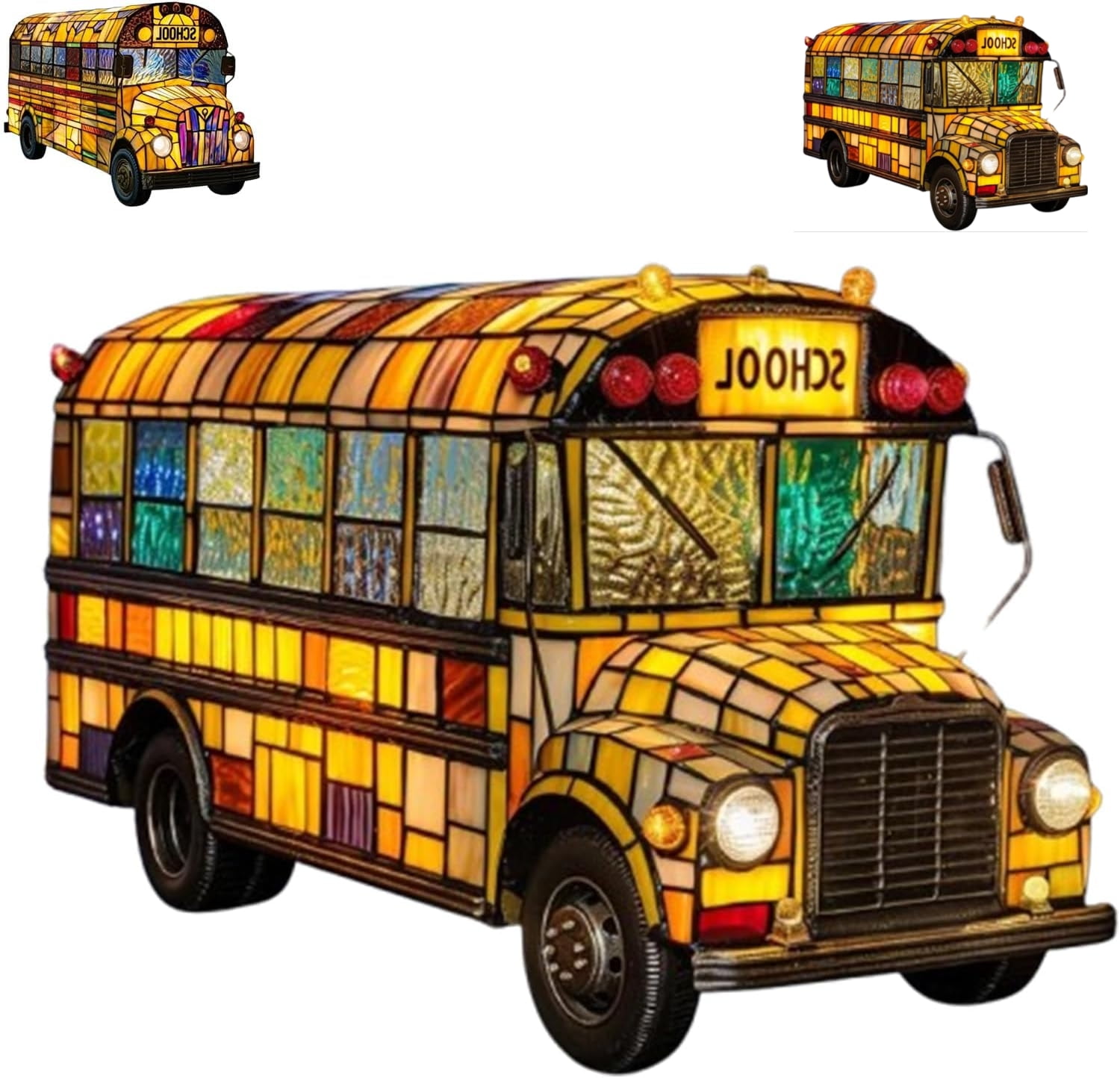 School Bus Lamp, Stained Resin Yellow Bus Tabletop Night Light Vintage ...