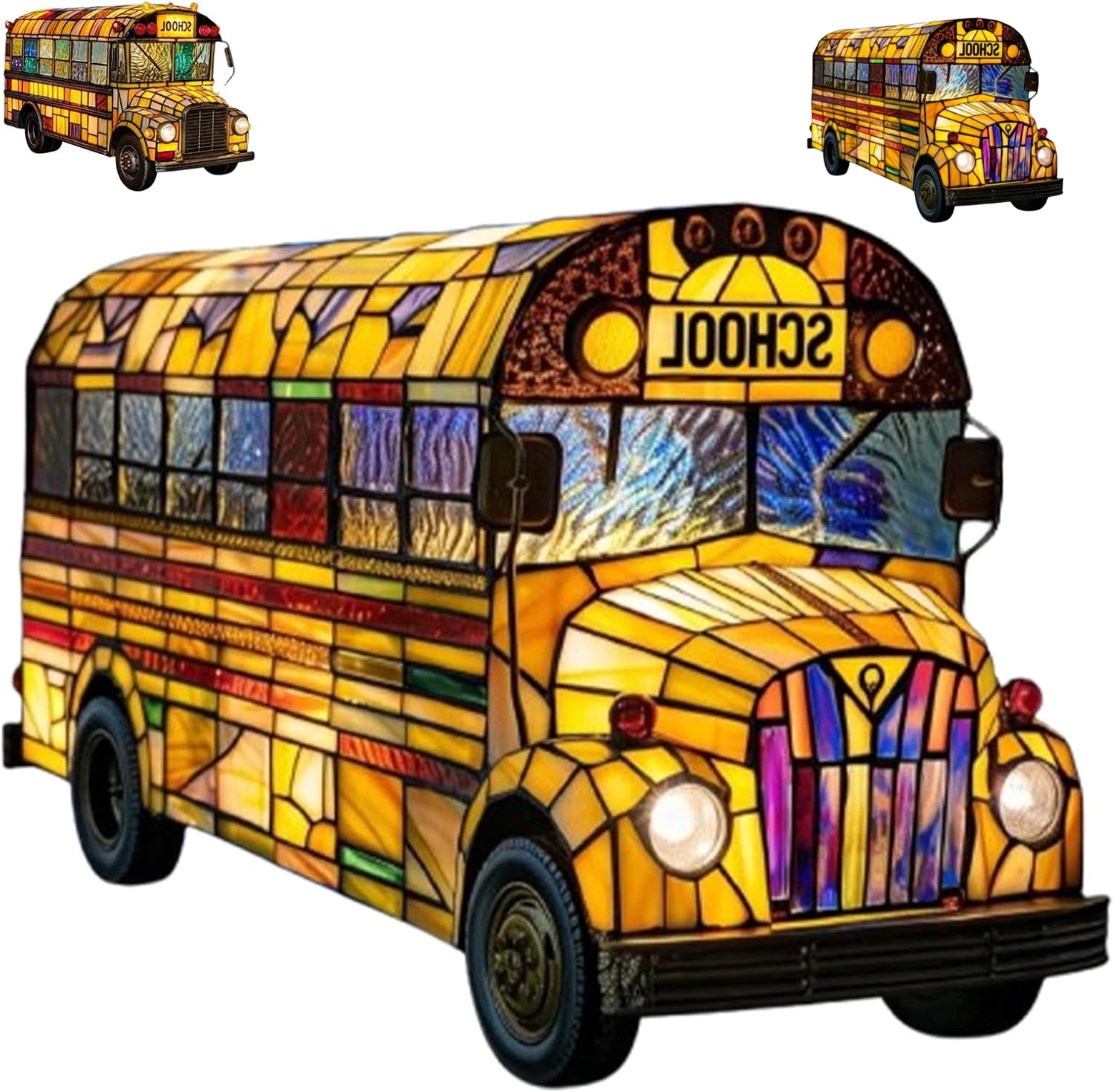 School Bus Lamp, Stained Resin Yellow Bus Tabletop Night Light Vintage ...