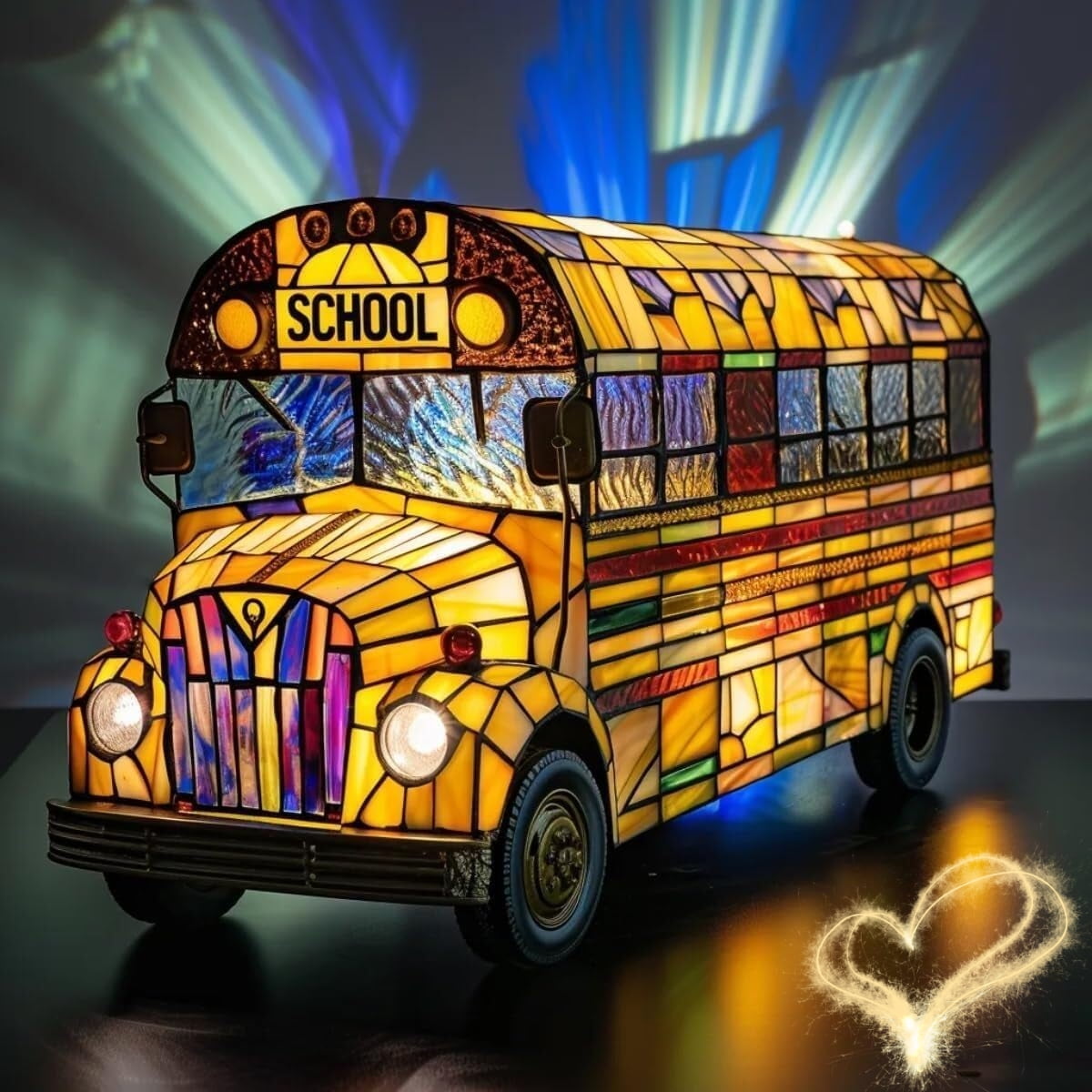 School Bus Lamp, Stained Resin Yellow Bus Tabletop Night Light Vintage ...