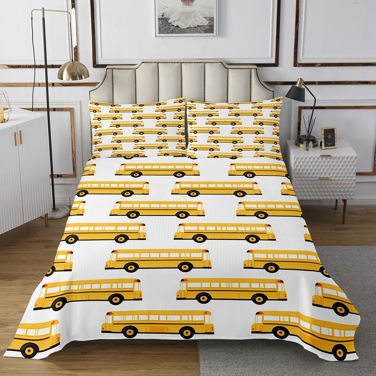 School Bus Quilt Set King Size Educational Themed Bedspread for Boys ...