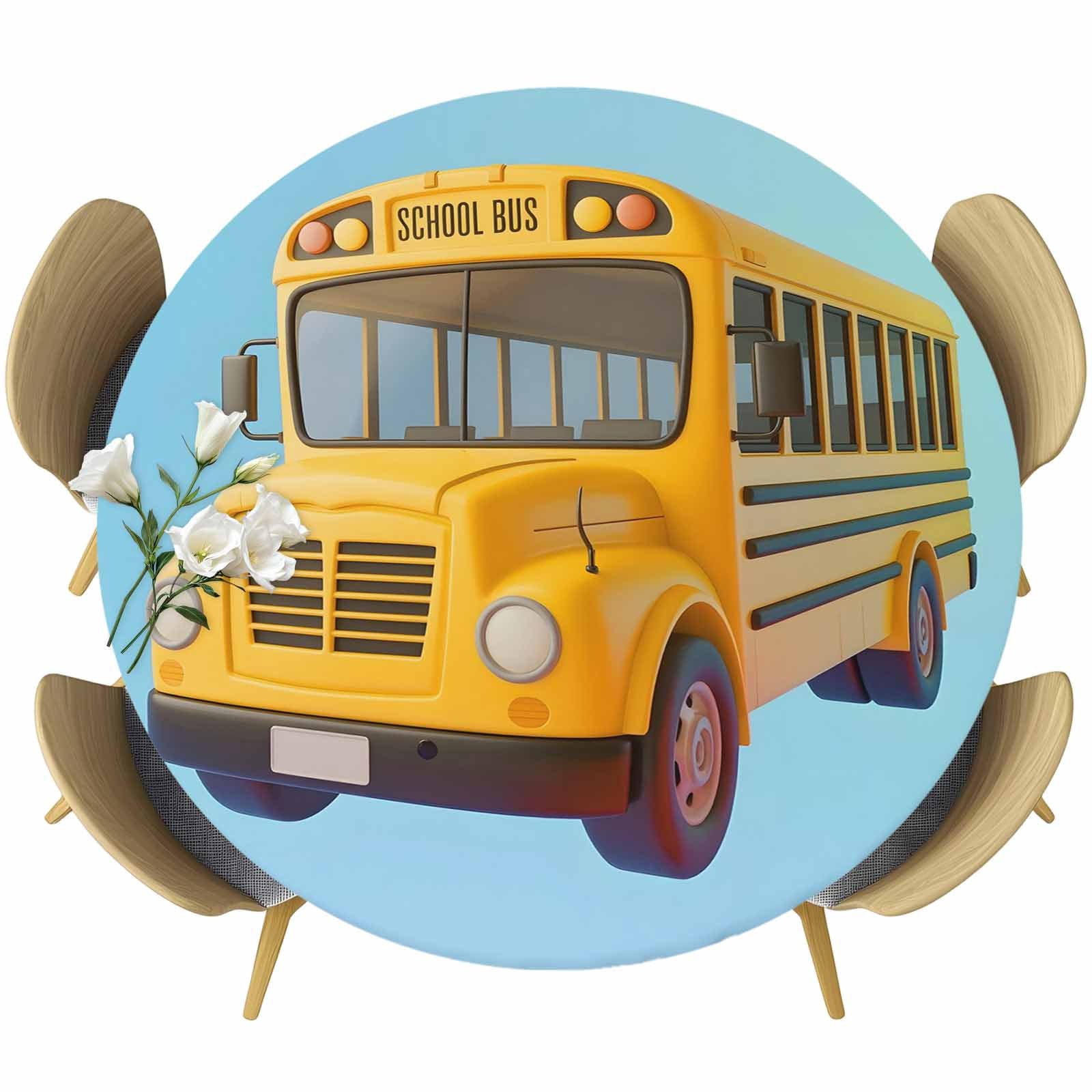 School Bus Round Tablecloth, Fitted Table Cover with Elastic for 55"-60 ...