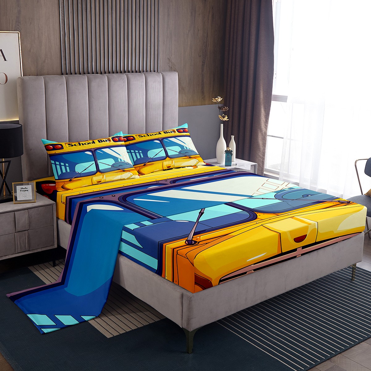 School Bus Sheet Set Full Size for Boys Girls Kids Cartoon Vehicle Bed ...