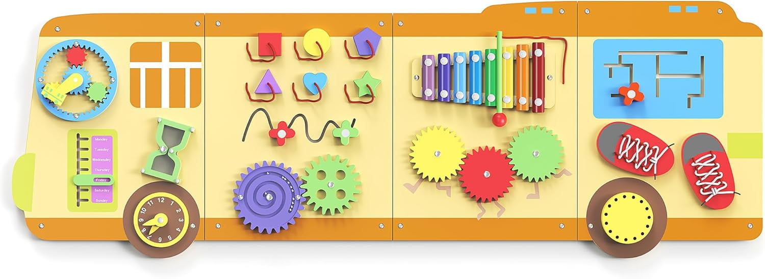 School Bus Wall Busy Board Panels, Toddler Learning Activity Center ...