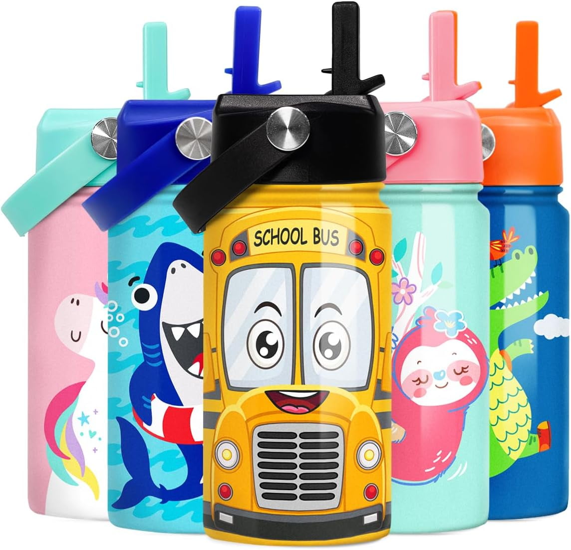 School Bus Water Bottle - Kids Water Bottle with Straw Lid - 12 Oz ...