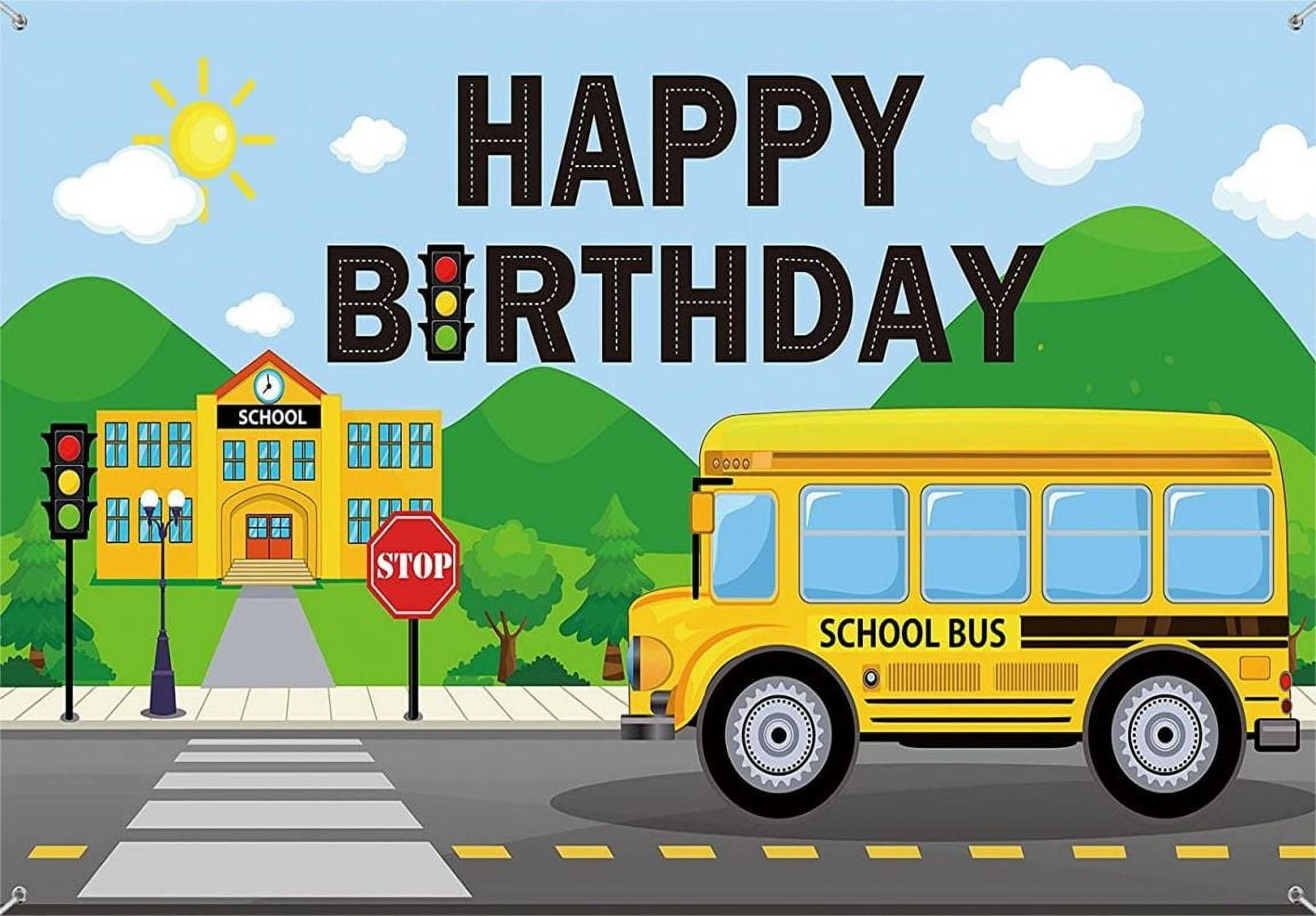 School Bus Yellow Wheels Bus Kindergarten Birthday ration Background ...