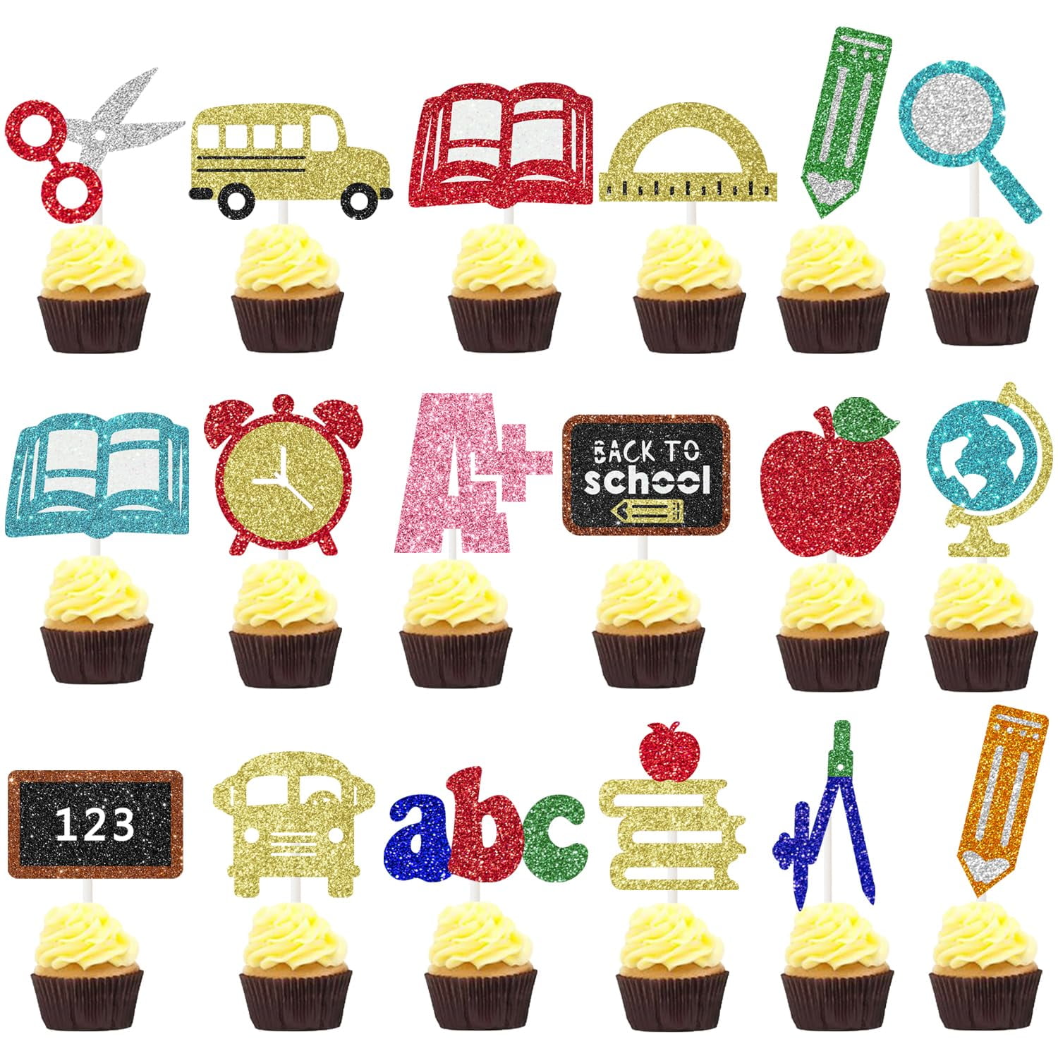 School Cupcake Toppers AJH3 24Pcs Glitter Back to School Party Cake ...
