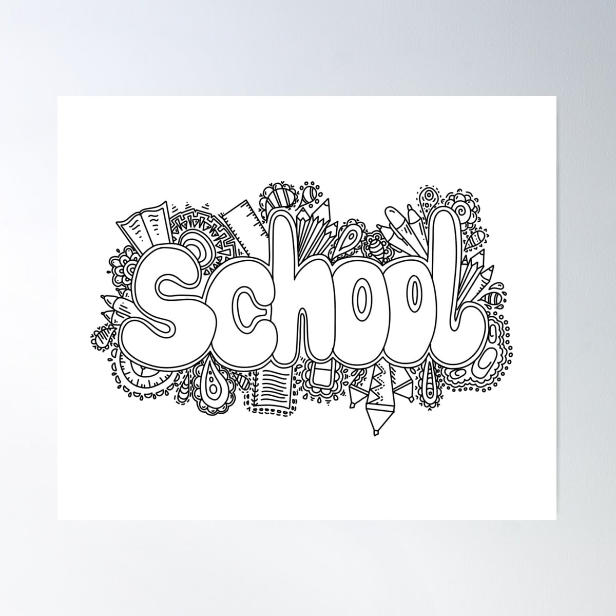 School Doodle (Black And White) Poster Wall Art, Modern Wall Decor For ...