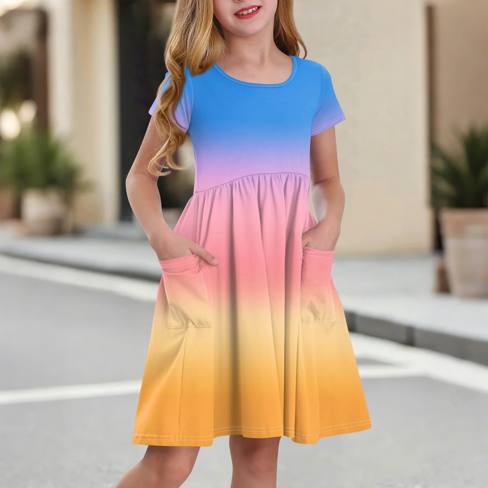 Fshiont School Dresses for Girls Twirly A-Line Short Sleeve T-Shirt ...