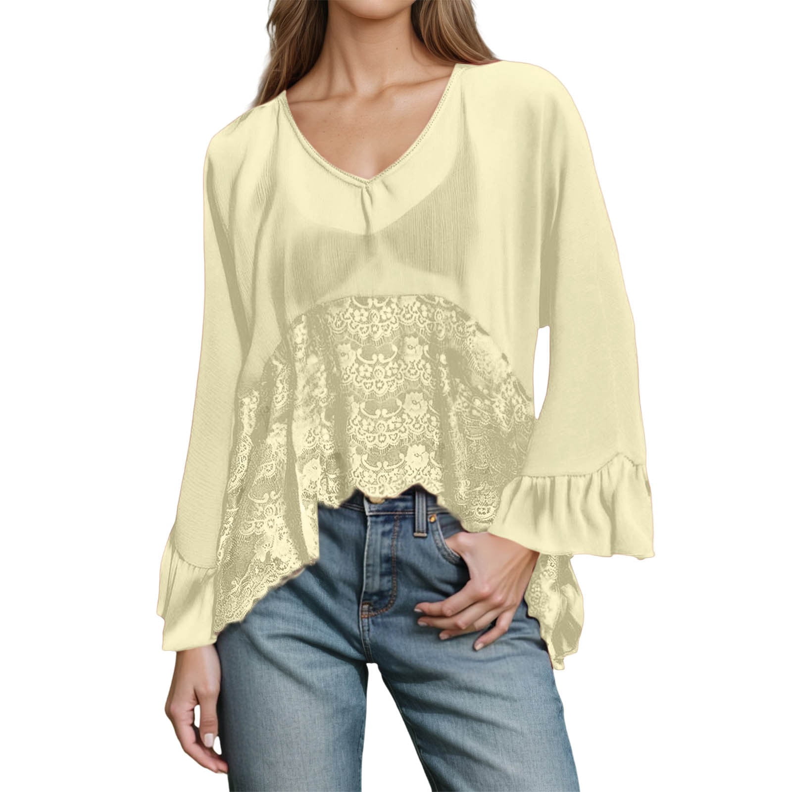 School Outfits For Teachers Sheer Mesh Batwing Sleeve Lace Trimmed ...