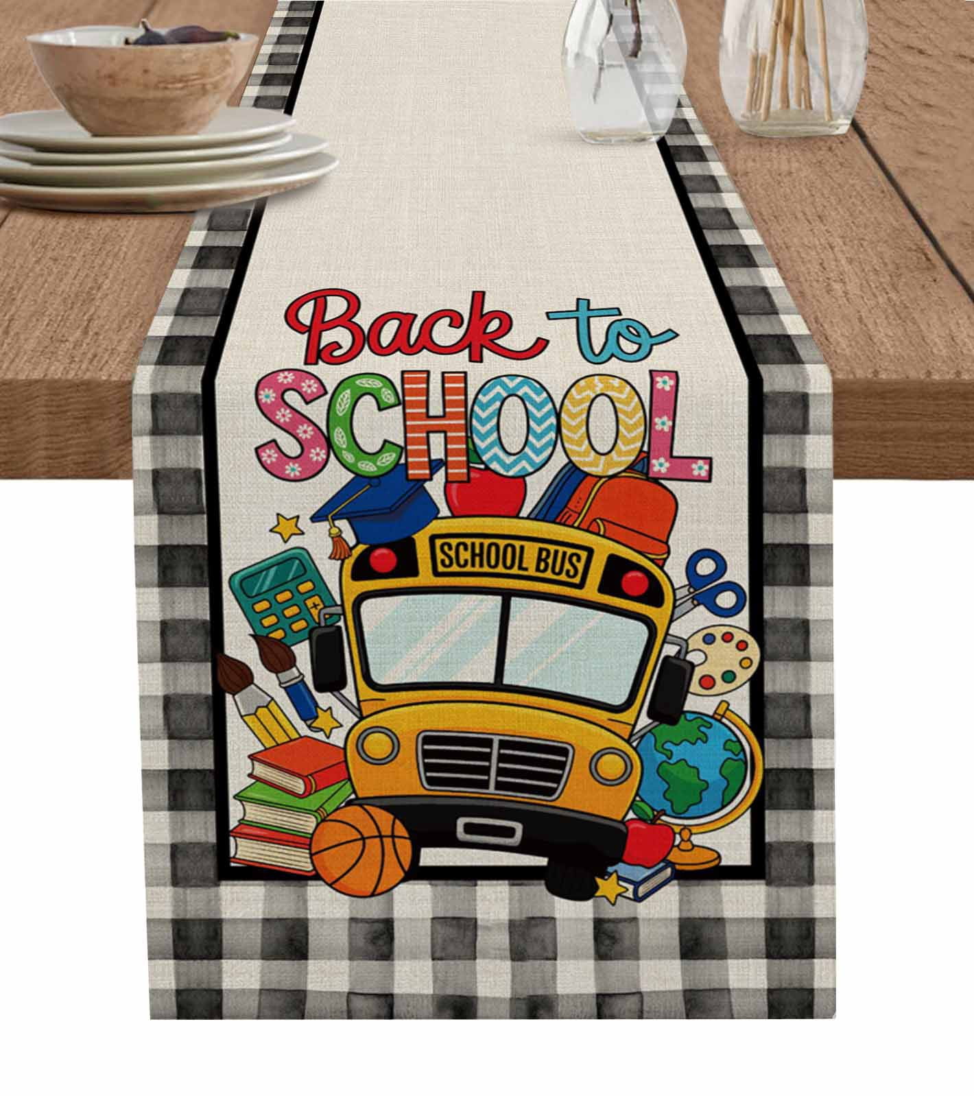 School Season Table Runner 72 Inches, Bus Basketball Black Buffalo ...