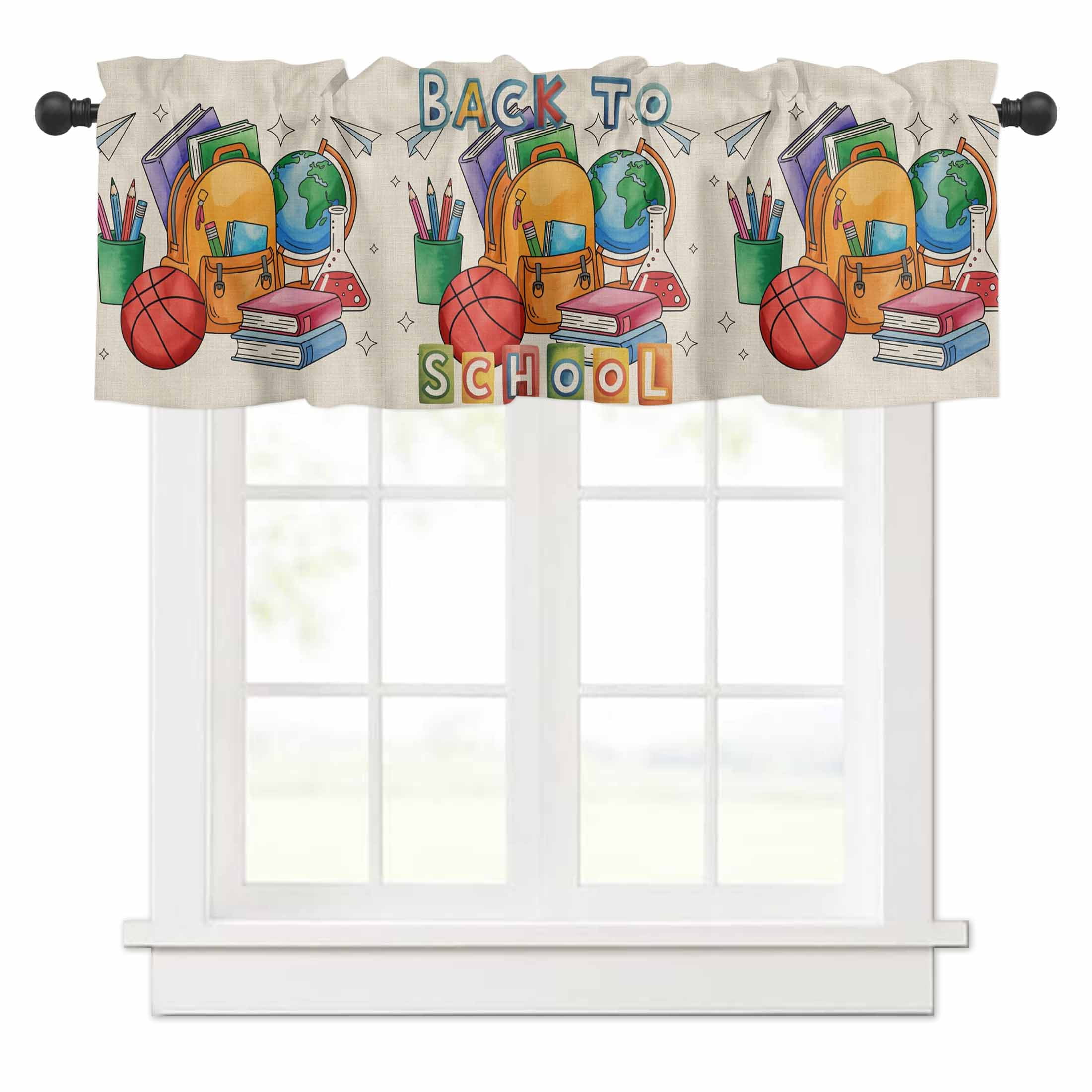 School Season Valances for Windows Style Crayon Truck Globe Linen ...