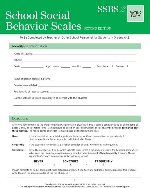 School Social Behavior Scales Rating Form (Other) - Walmart.com