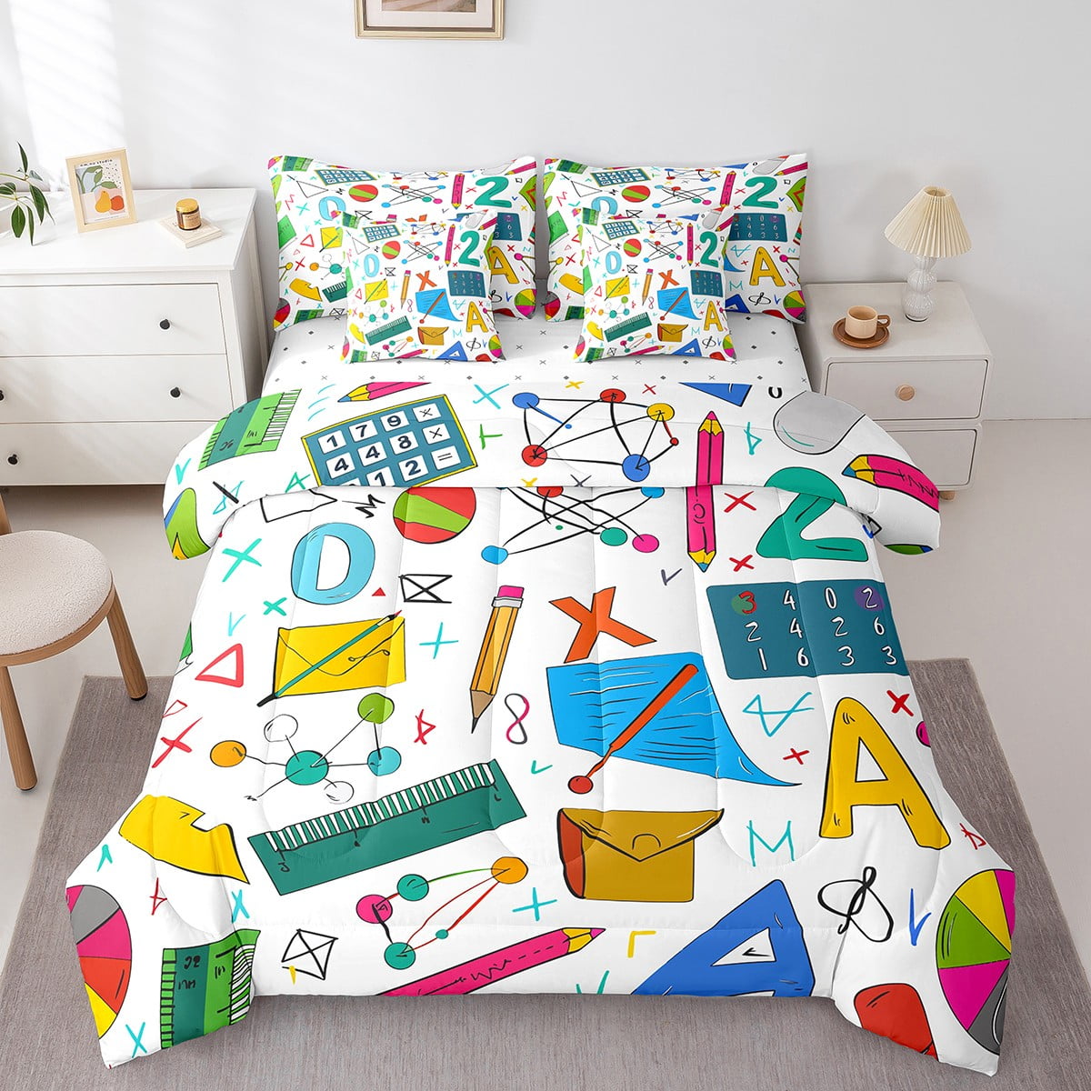School Supplies Queen Comforter Set 7 Piece,Mathematical Symbol Bed in ...