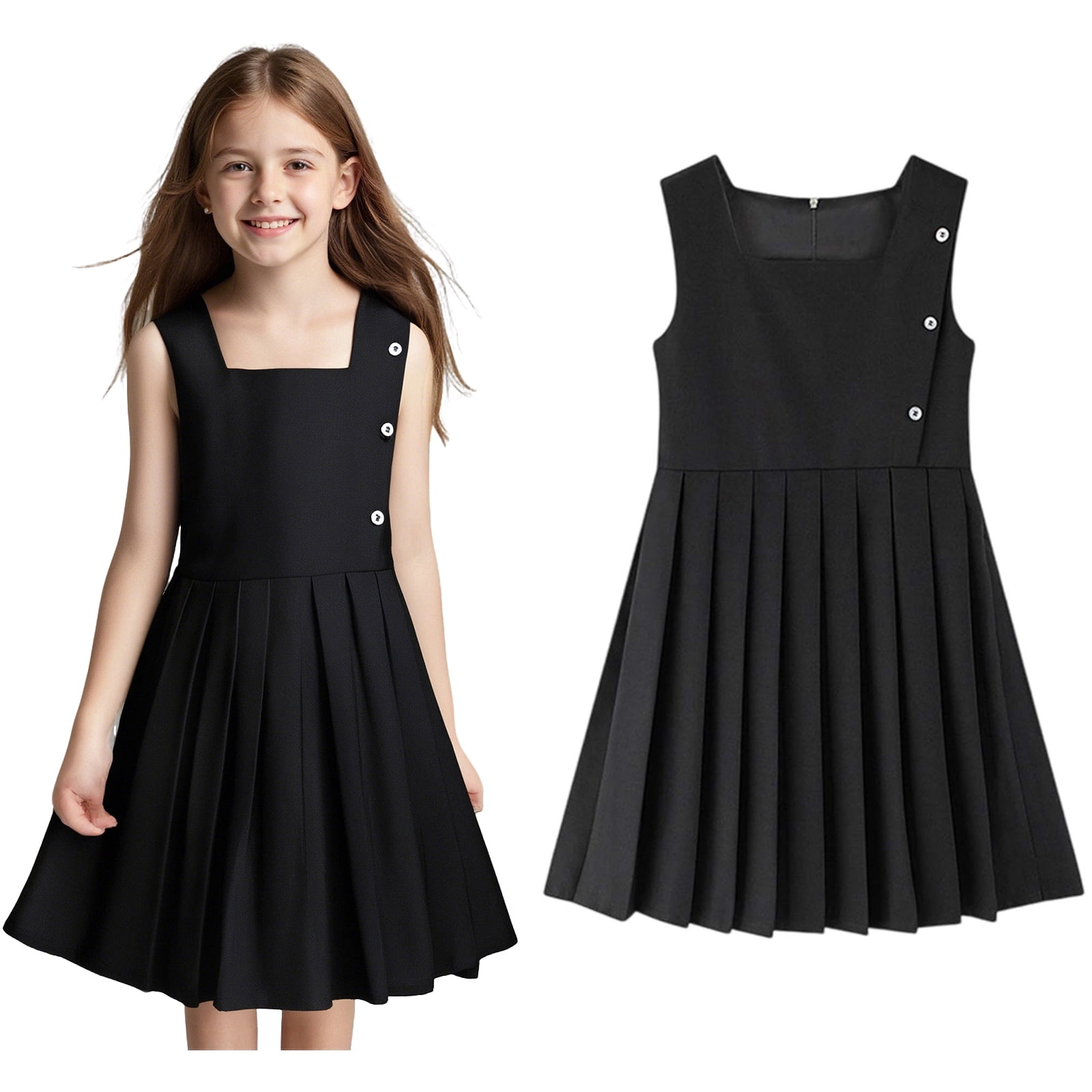 School Uniform Dress Cute Pleated Knee Length Sleeveless Black Girls ...