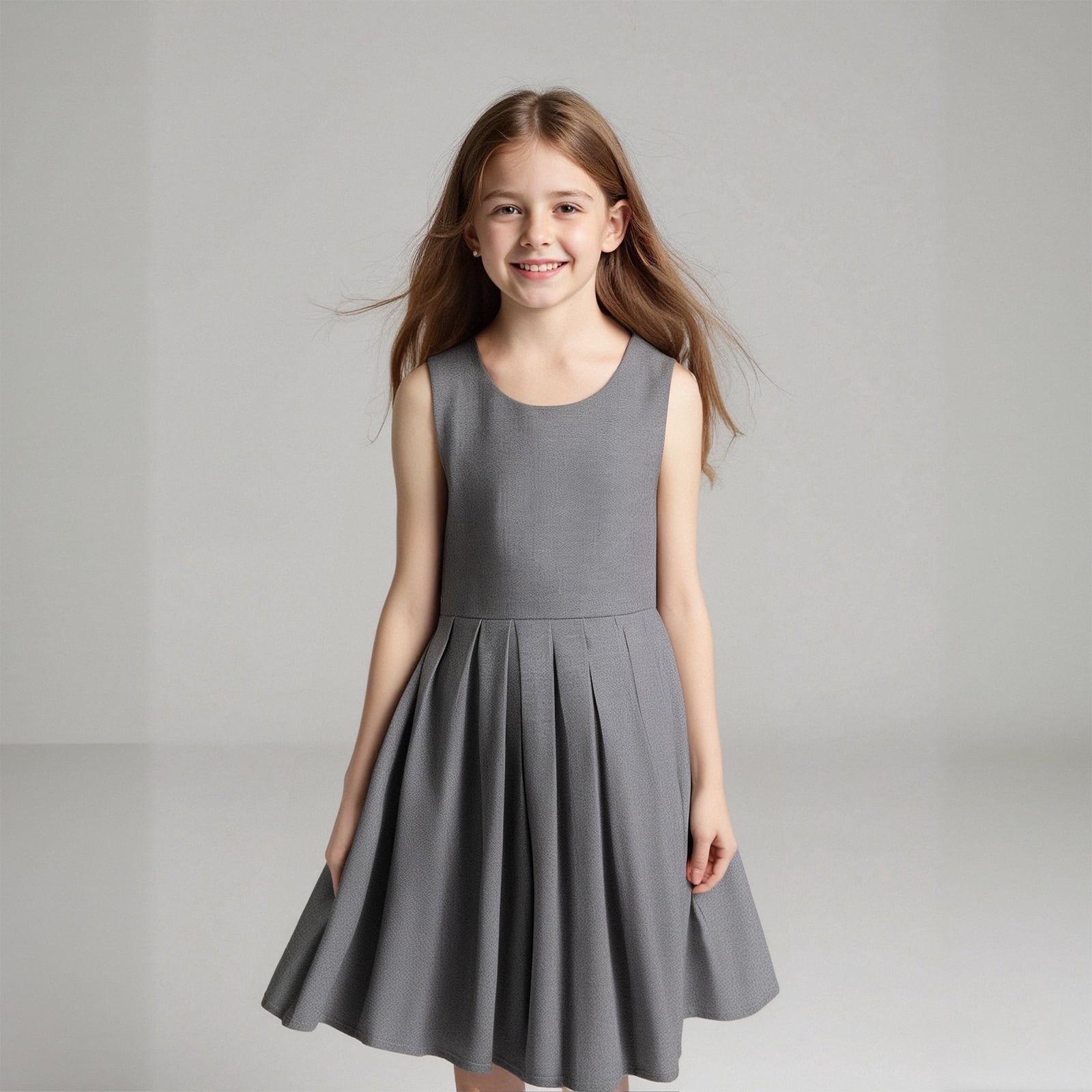 School Uniform Dress Cute Pleated Knee Length Sleeveless Grey Girls ...