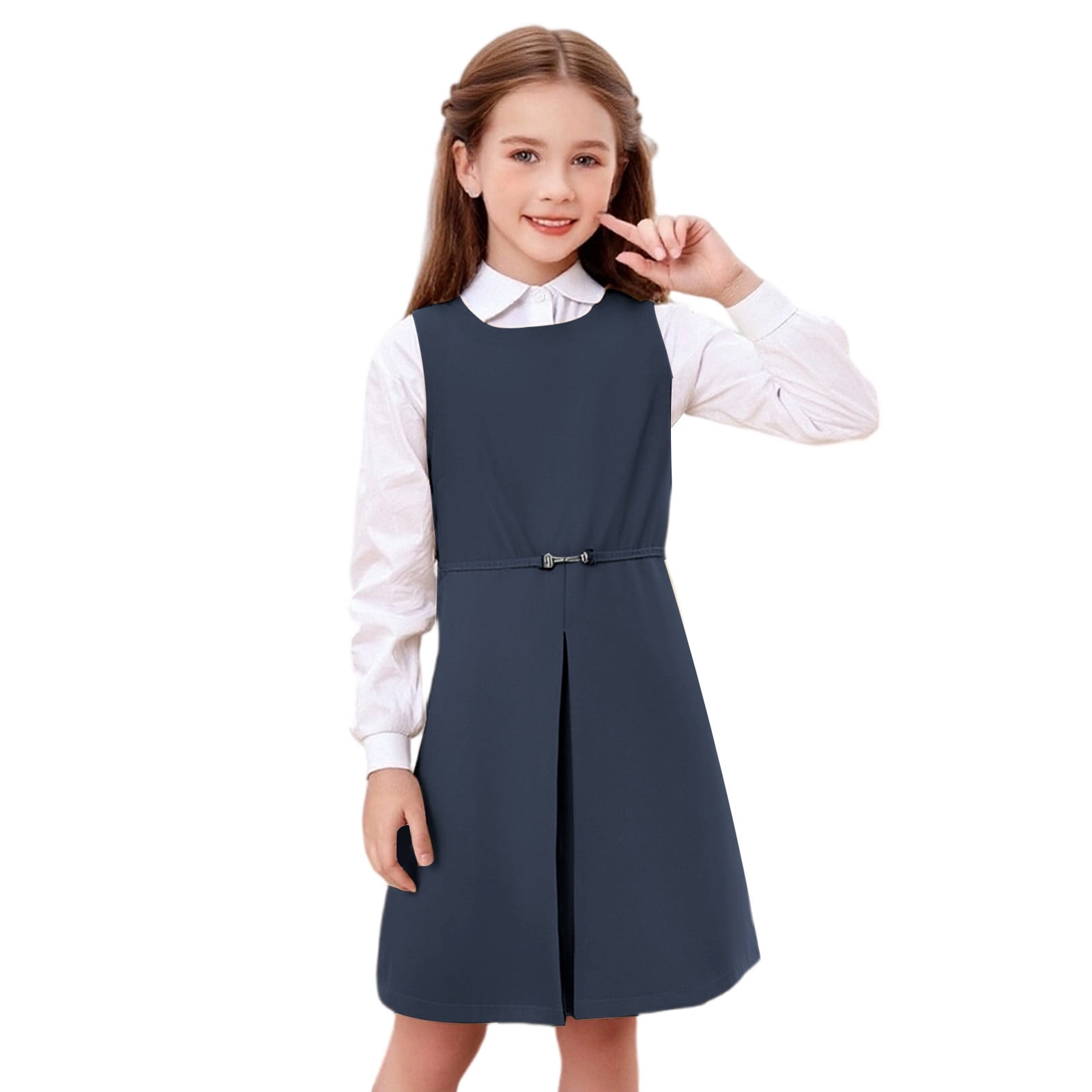 School Uniform Dress Cute Pleated Knee Length Sleeveless Navy Uniform ...