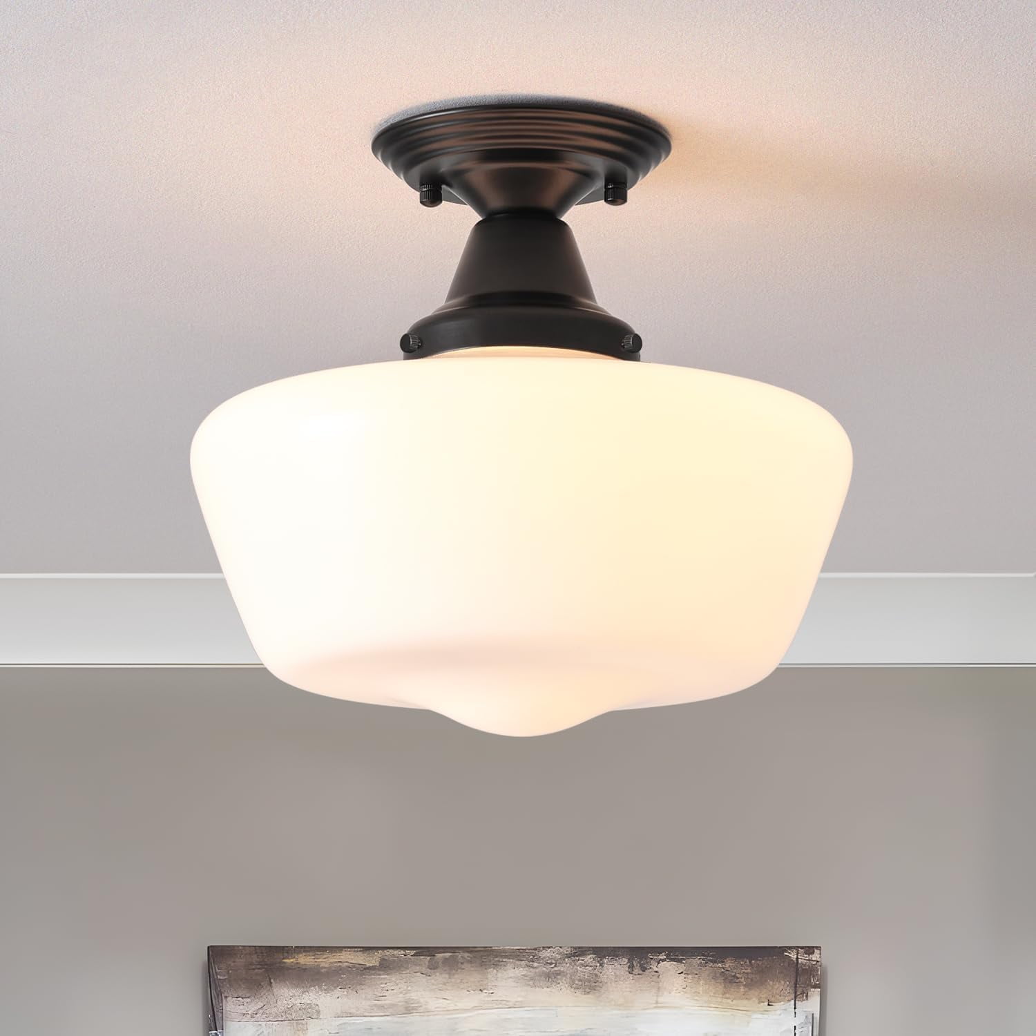 Schoolhouse Light Fixture, 12 Inch Black Finish with Milk Glass Semi ...