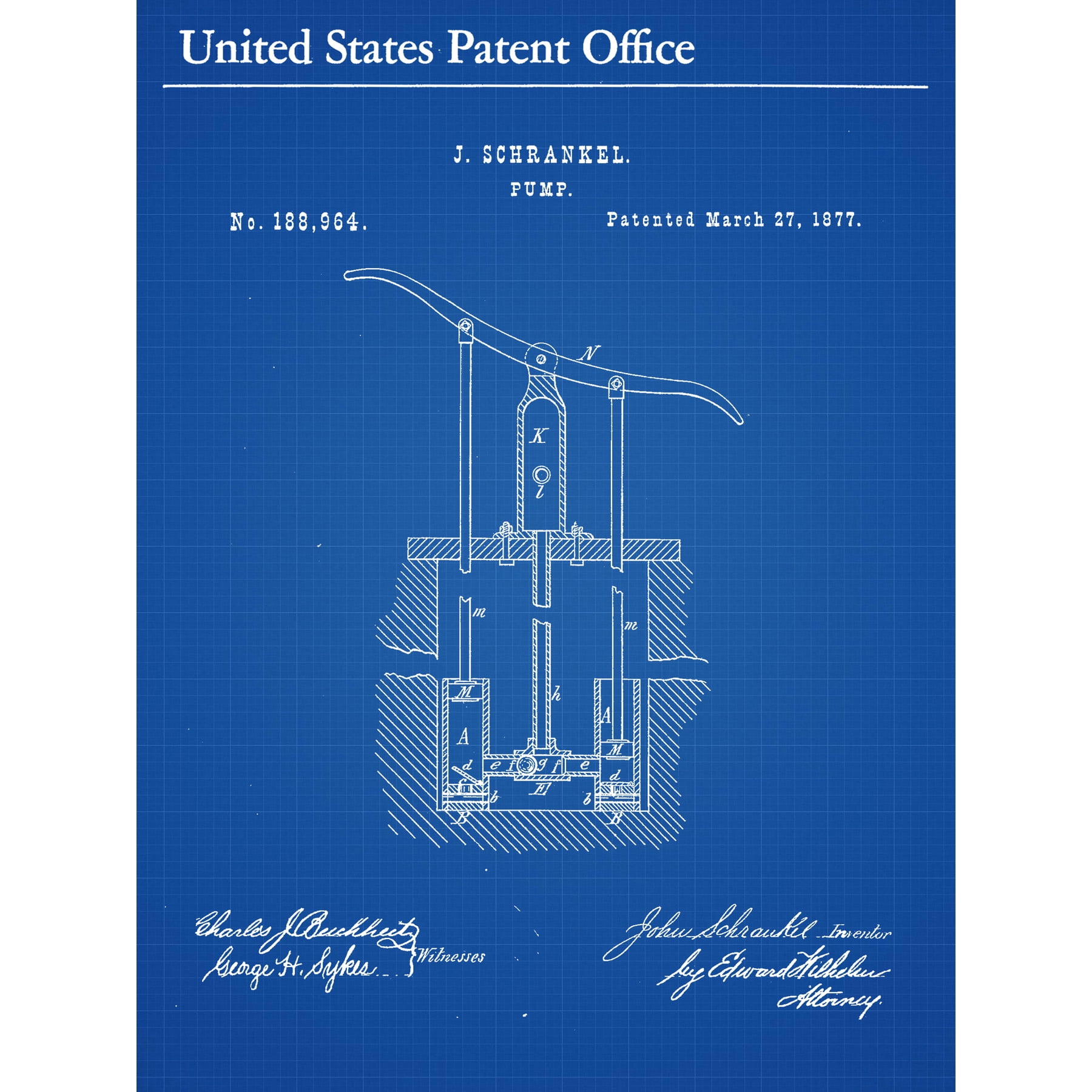 Schrankel Water Pump 1877 Patent Plan Extra Large XL Wall Art Poster ...