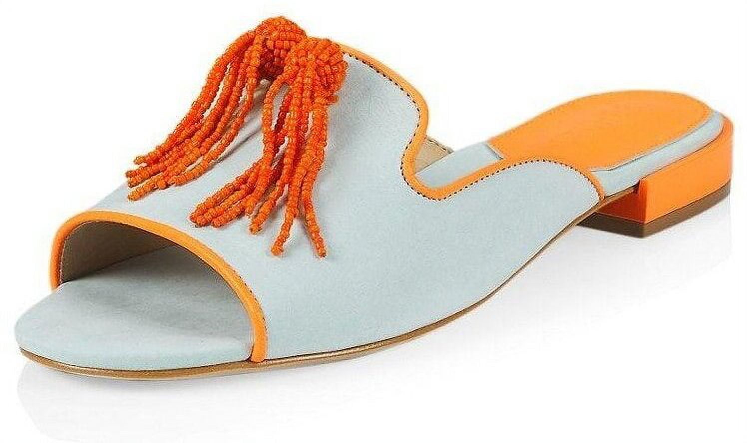 Schutz Jannis Flat Blue Open Toe Slip On Embellished Tassel Upper Flat ...