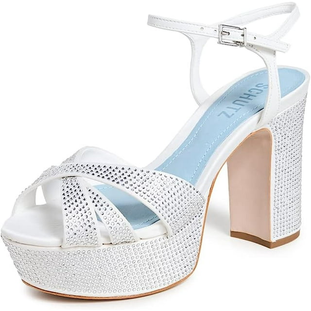 Schutz Keefa Crystal White Ankle Strap Open Toe Block Heel Platform ...