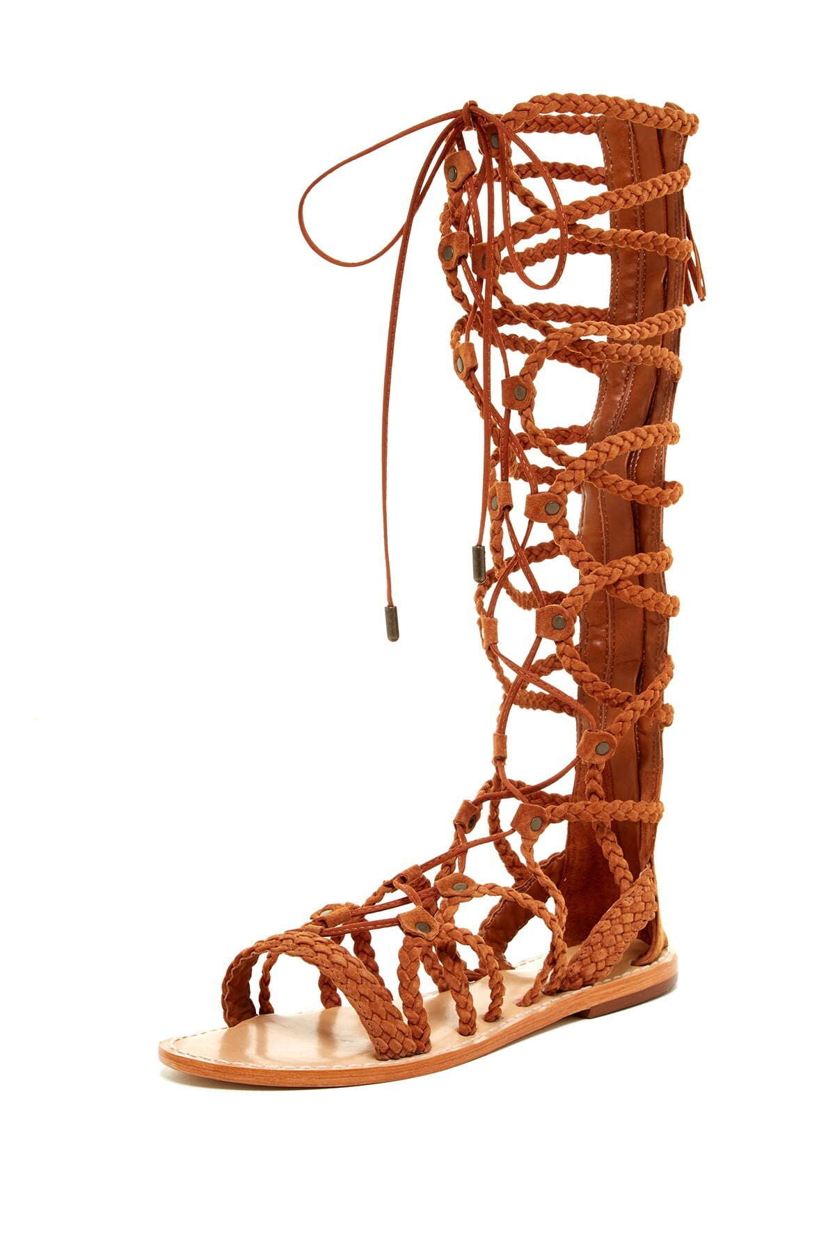 Schutz Krista Caramel Brown Leather Tie Lace Up Braided Gladiator Flat ...