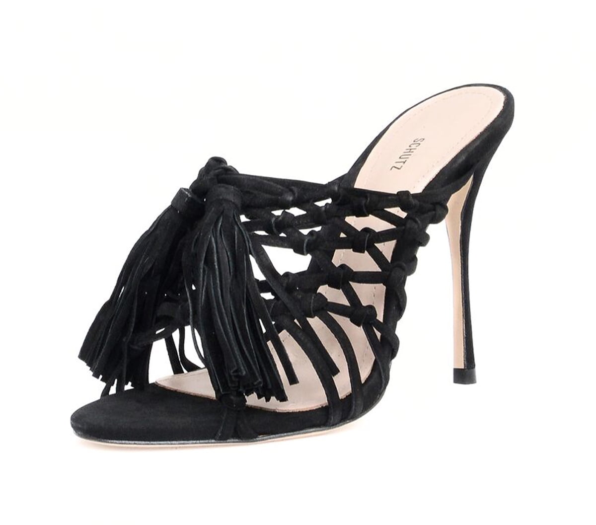 Schutz Lily Black Nubuck Tassel Stiletto Heel Mules Caged Open Back ...