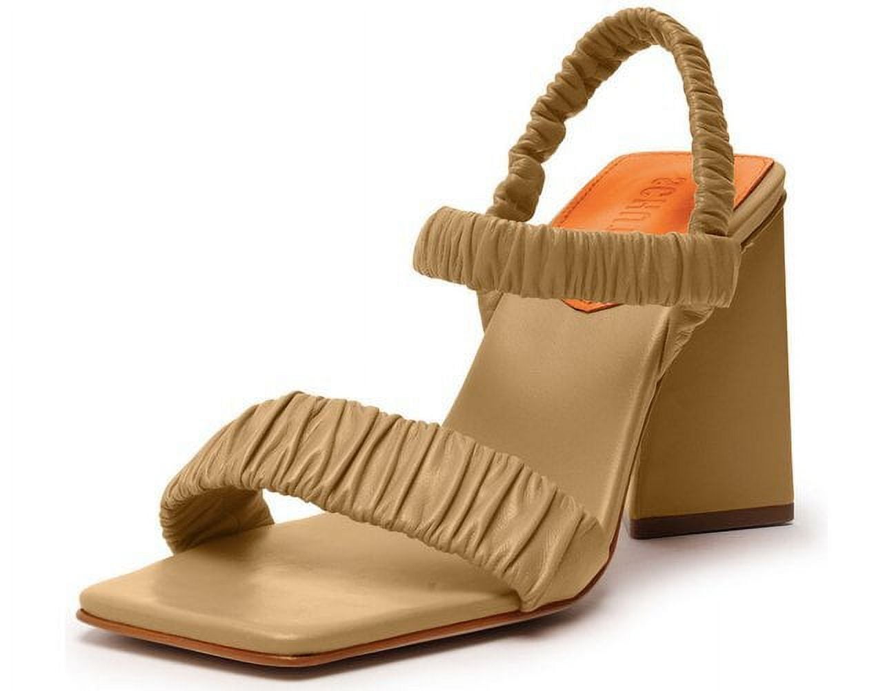 Schutz Lirah Honey Beige Slingback Strap Open Toe Block High Block Heel Sandals (Honey Beige, 5. ...