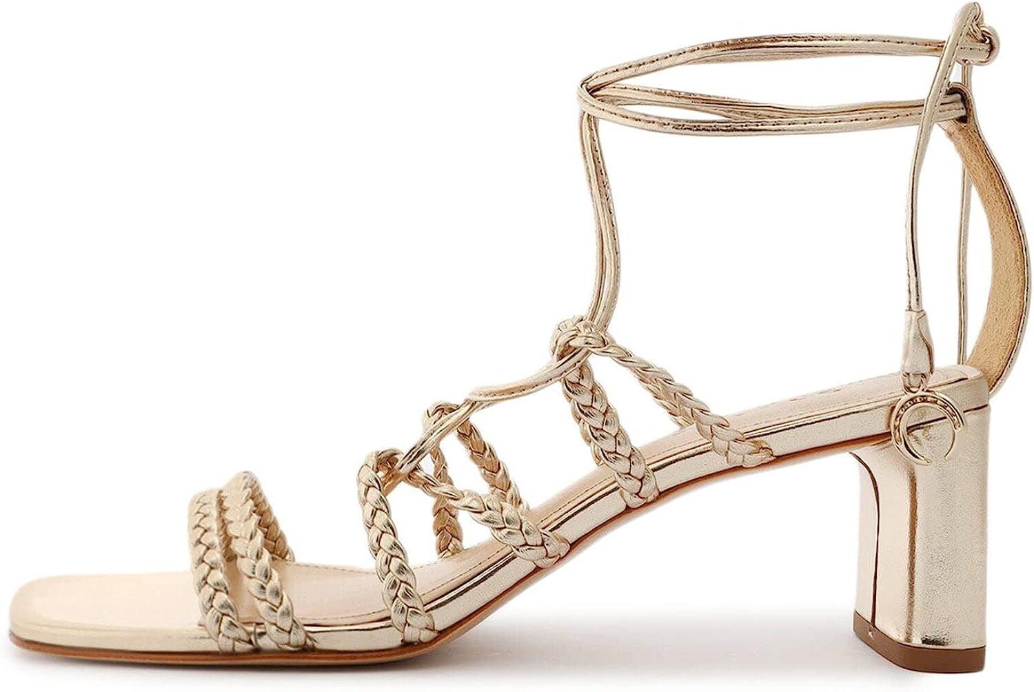 Schutz Lunah Mid Gold Strappy Lace Up Open Squared Toe Mid Block Heel ...