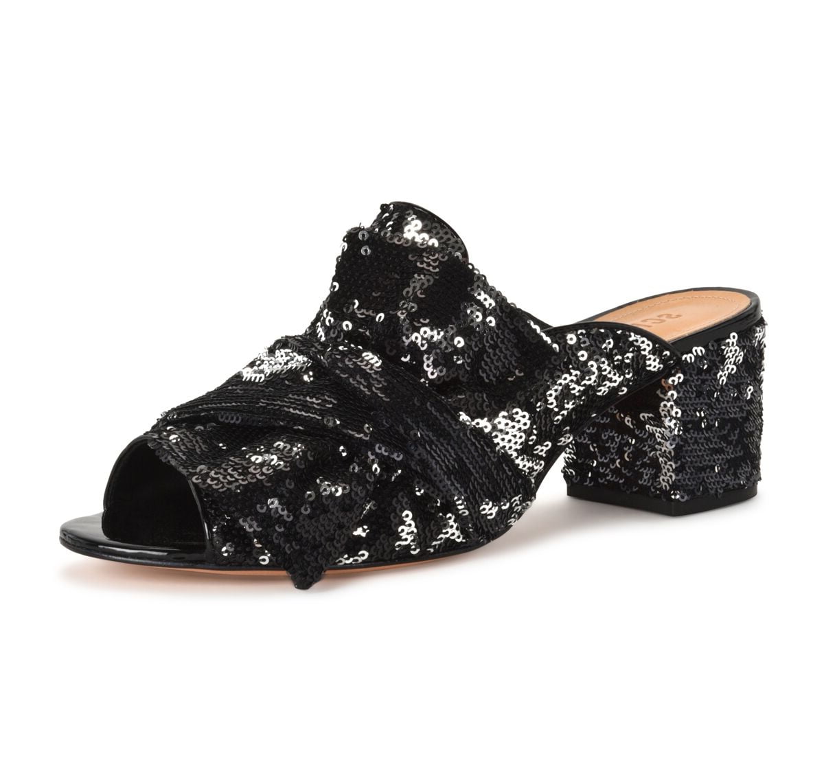 Schutz Manon Black Preto Silver Sequin Knotted Bow Low Block Heel Slide ...