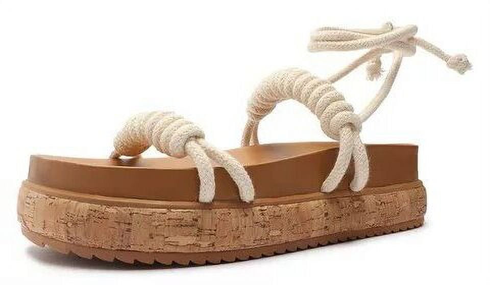 Schutz Nagie Cru Ivory Flat Wedge Cork Heel Tie Up Rope Rounded Open ...