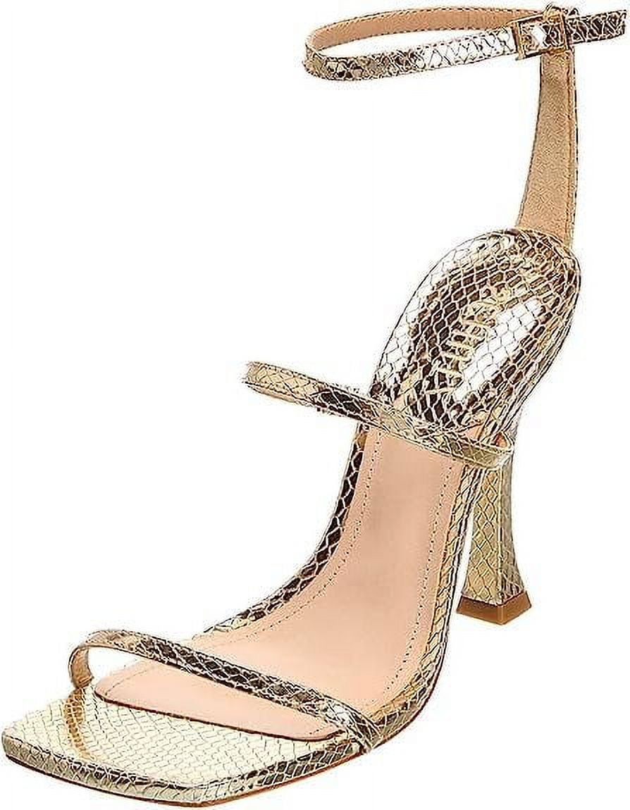 Schutz Nylla Gold Metallic Snake-Embossed Ankle Strap Open Toe High Heel Sandals (Gold, 6.5 ...