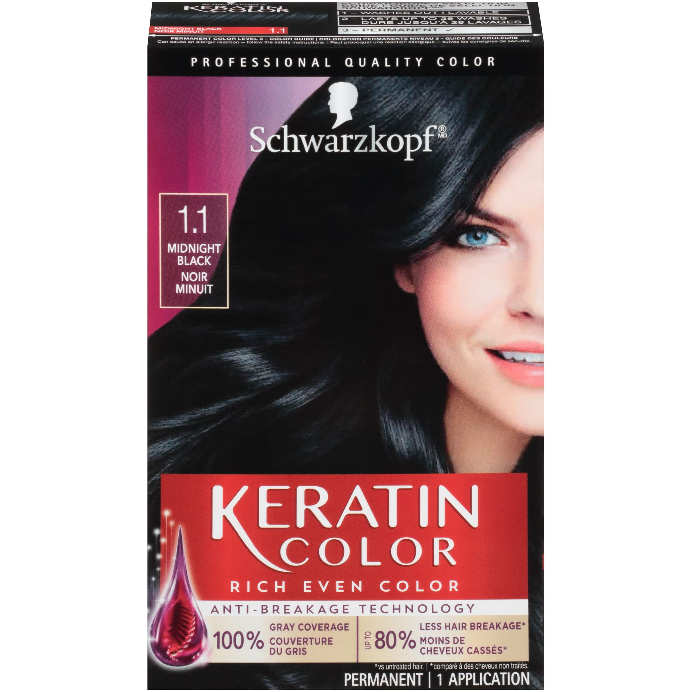 Schwarzkopf Keratin Color Permanent Hair Dye, 1.1 Midnight Black, Salon-Inspired, 1 Application ...