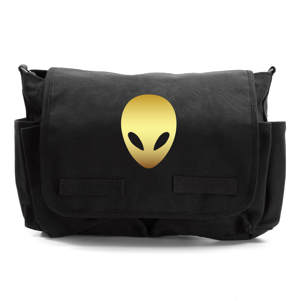 Sci-Fi Alien Head Army Canvas Messenger Shoulder Bag in Black & Yellow ...