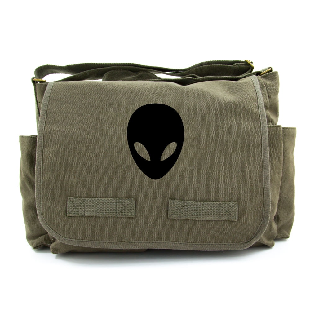 Sci-Fi Alien Head Army Canvas Messenger Shoulder Bag in Olive & Black ...