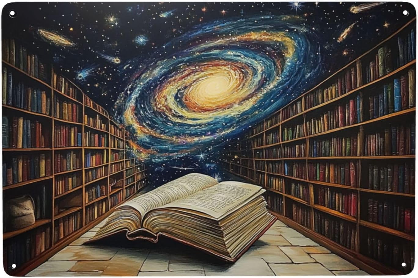 Sci-Fi Decor Metal Tin Sign，Library With Bookshelves & Open Book ...