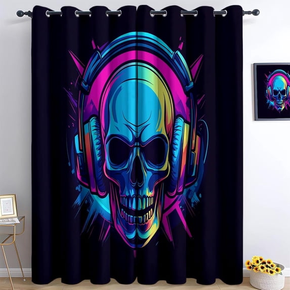 Sci Fi Skull Blackout Curtains, Anime Headphone Theme Window Drapes for ...