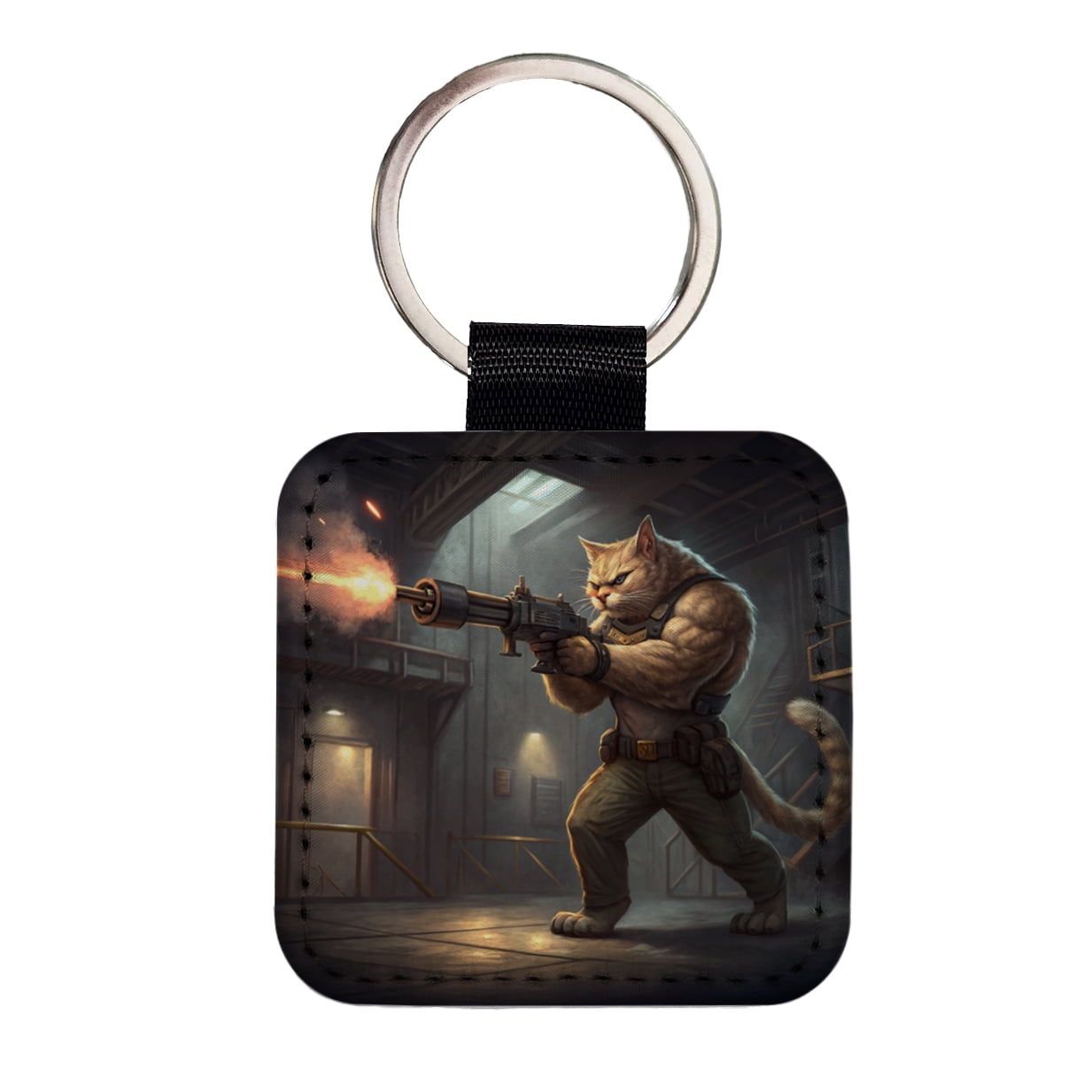 Sci-fi Action Hero Cat Shooting A Machine Gun Faux Leather Square ...