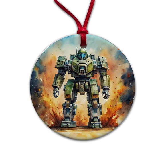 Sci-fi Giant Robot Warrior Mech Watercolor Christmas Tree Holiday Round ...