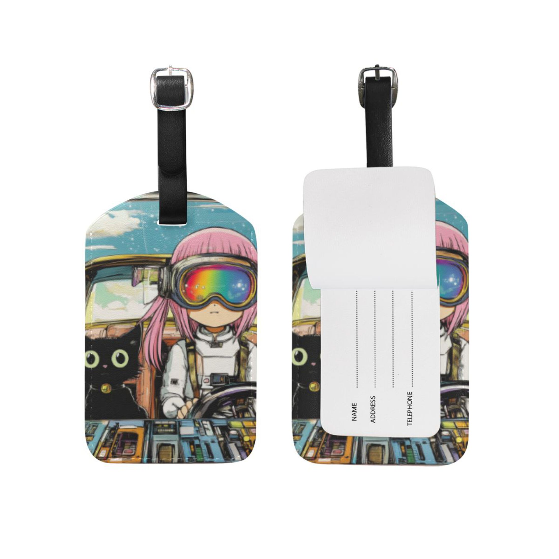 Sci-fi Girl and Cat Luggage Tags PU Leather Name ID Labels for Suitcase ...