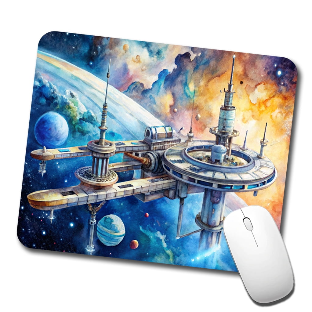 Sci-fi Space Station In Orbit Watercolor Mouse Pad Low Profile Gaming ...