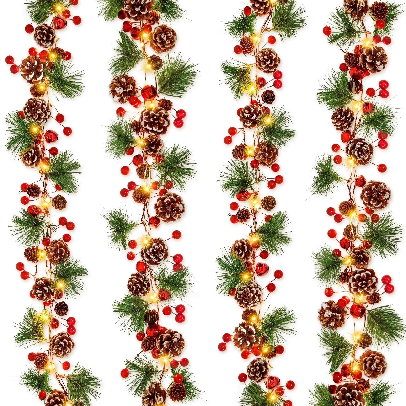 2 Pack Xmas Pinecone Garland with Lights, 13.2 ft 40 Led, Red Berries ...
