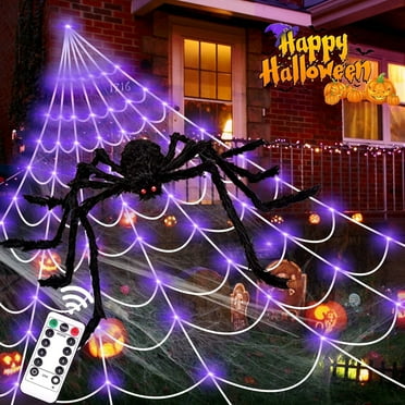 11.8ft Halloween 144 Led Purple Spider Web Lights With 35" Giant Spider ...