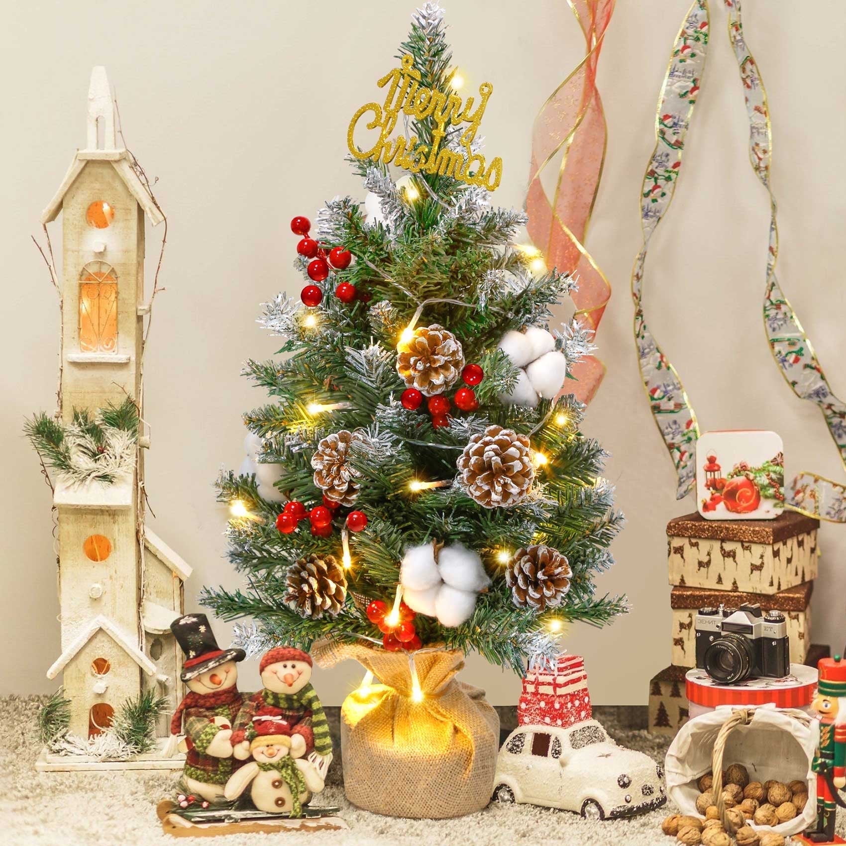 Scidweet 24" Artificial Mini Christmas Tree Decorations with LED Lights, Small Christmas Trees ...